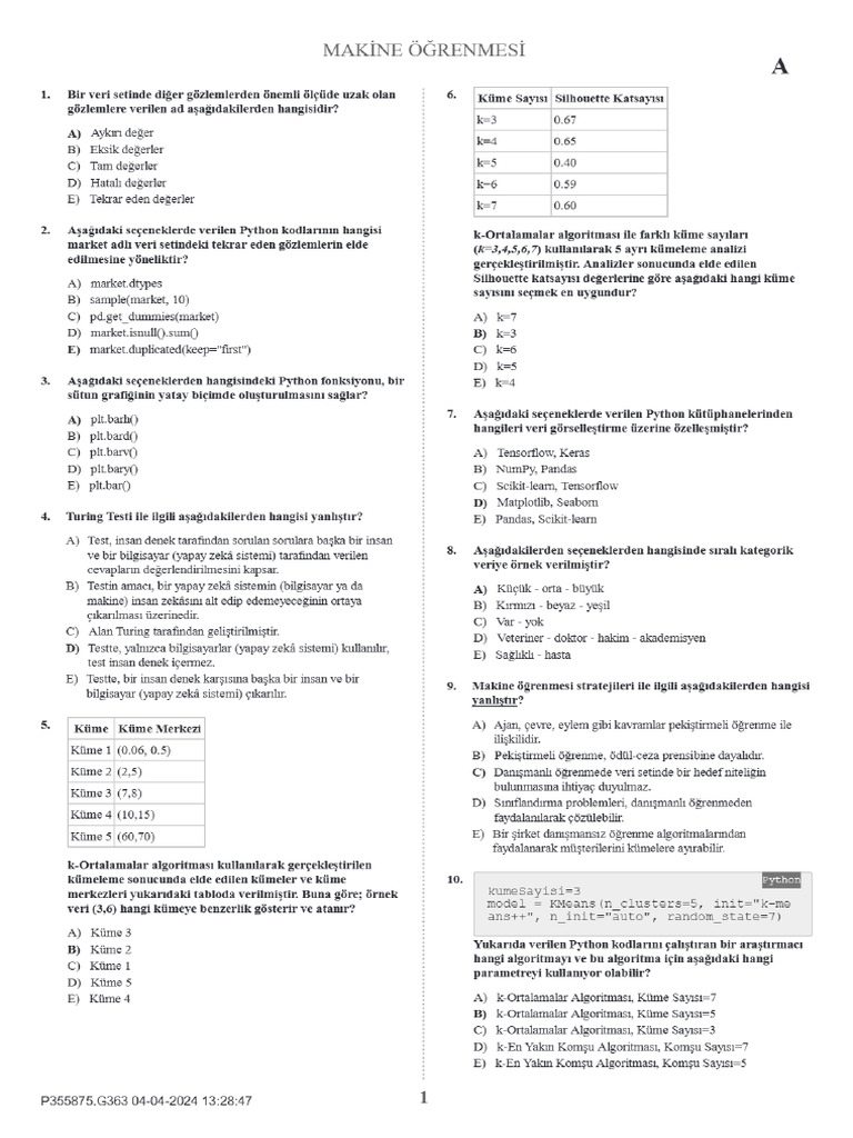 Makine Öğrenmesi 2024 Vize | PDF