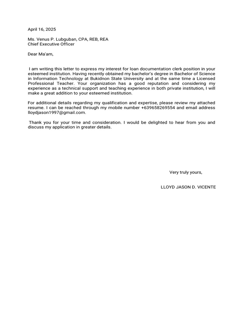 LLOYD JASON D. VICENTE - Bugemco-Application Letter | PDF