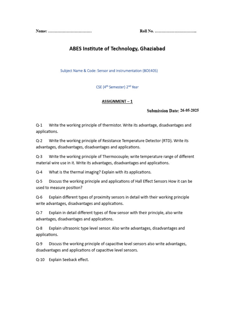 Assignment - 1 Sensor and Instrumentatoin (BOE 405) | PDF