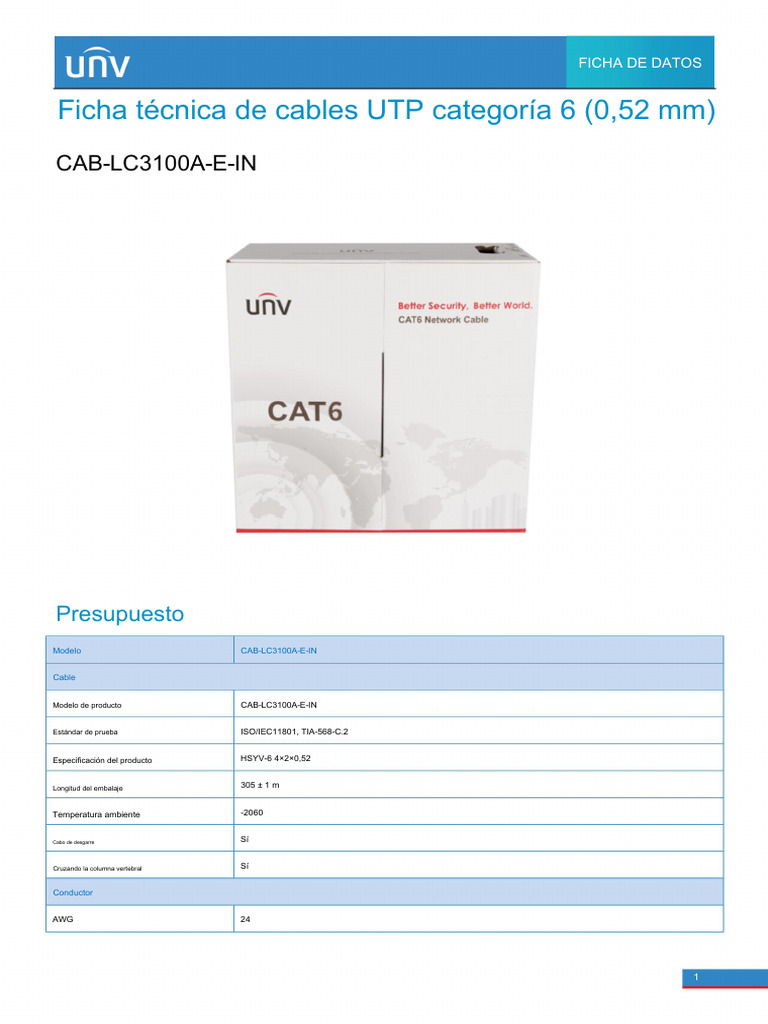Ficha Técnica Cable UTP Cat6 305m | PDF