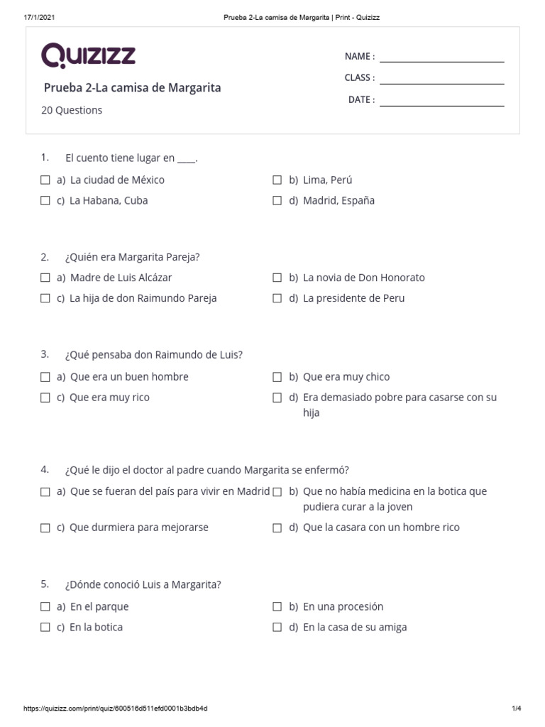 Prueba 2-La Camisa de Margarita - Print - Quizizz | PDF