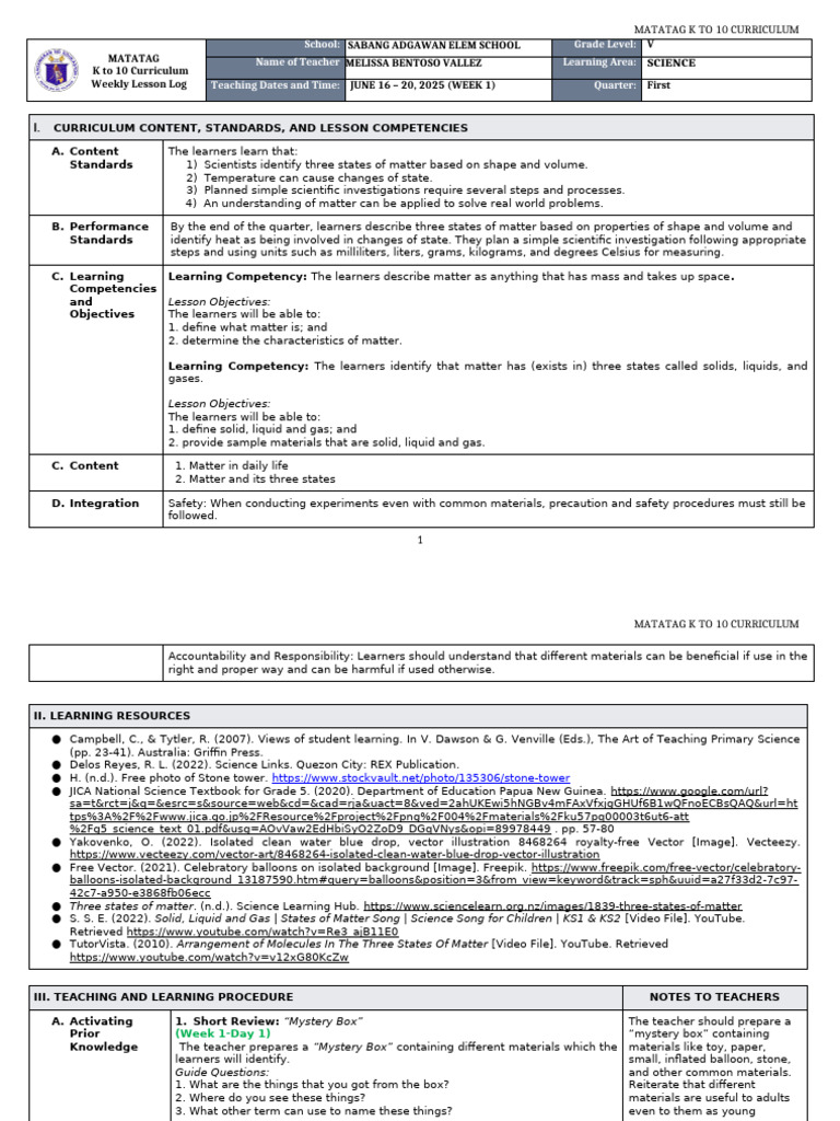 DLL Matatag - Science 5 q1 w1 | PDF | Matter | Gases