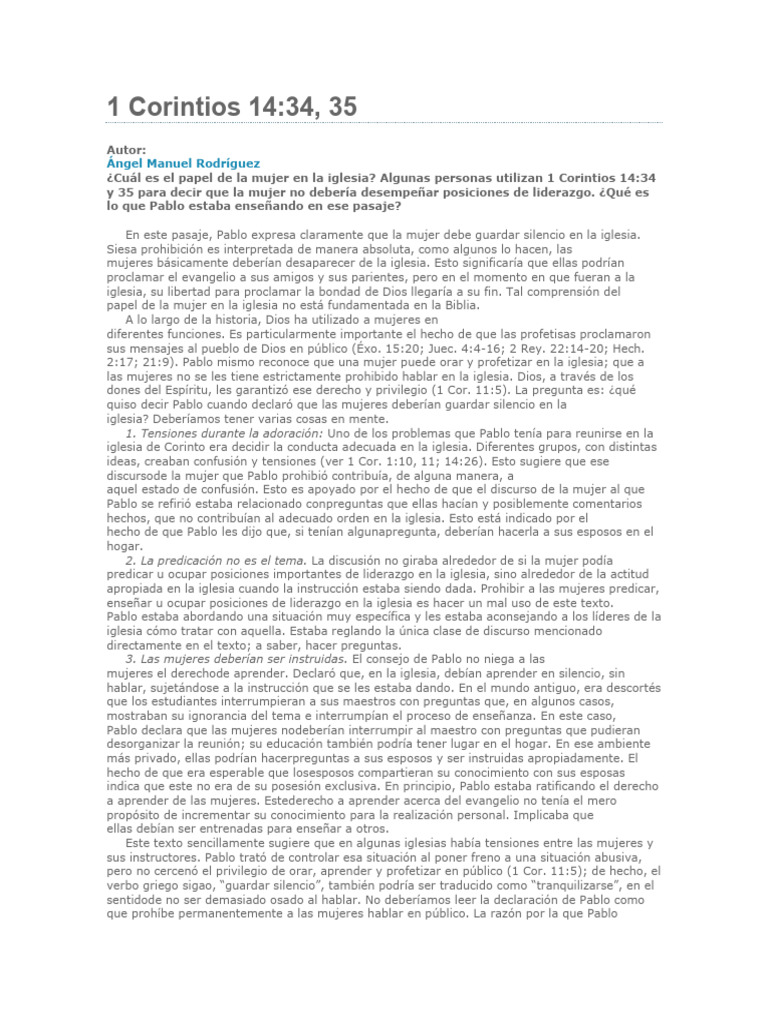 La Mujer y El Liderazgo 1 Corintios 14 | PDF | Pablo el apóstol | Primera epístola a los corintios