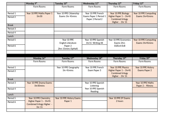 Year 10 PPE Exam Timetable 2025 | PDF