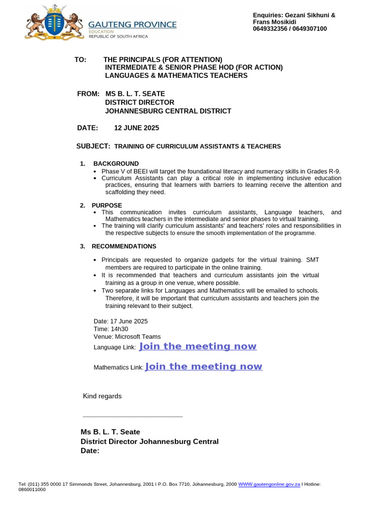 Curriculum Assistants Teachers Training Memo | PDF | Curriculum | Learning