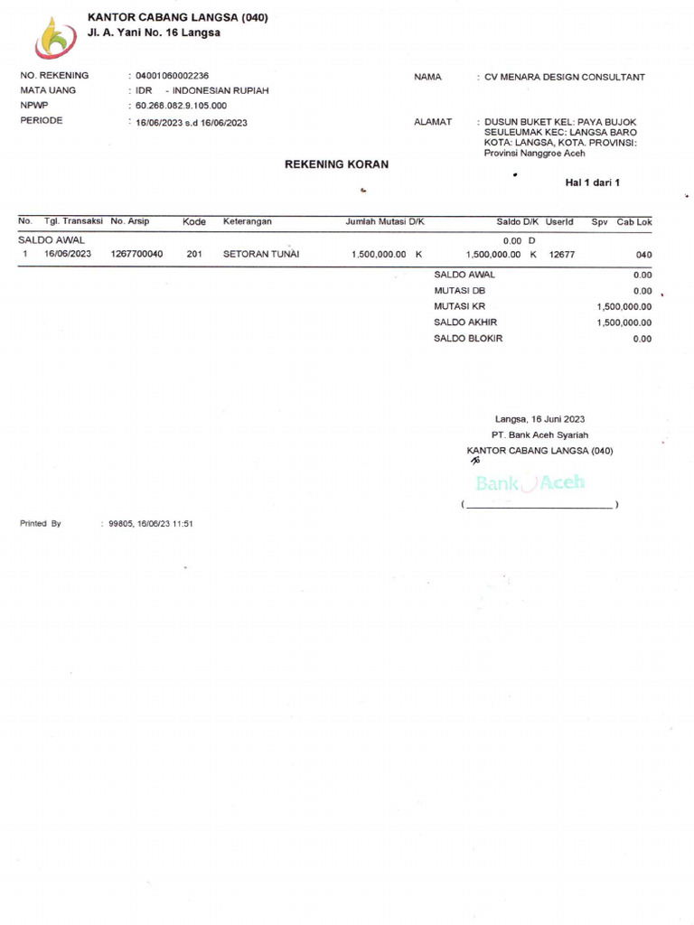 Rekening Giro Perusahaan Menara Design Consultant | PDF