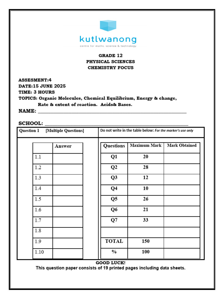 Grade 12 Chemistry Assessment Paper | PDF | Chemical Equilibrium ...