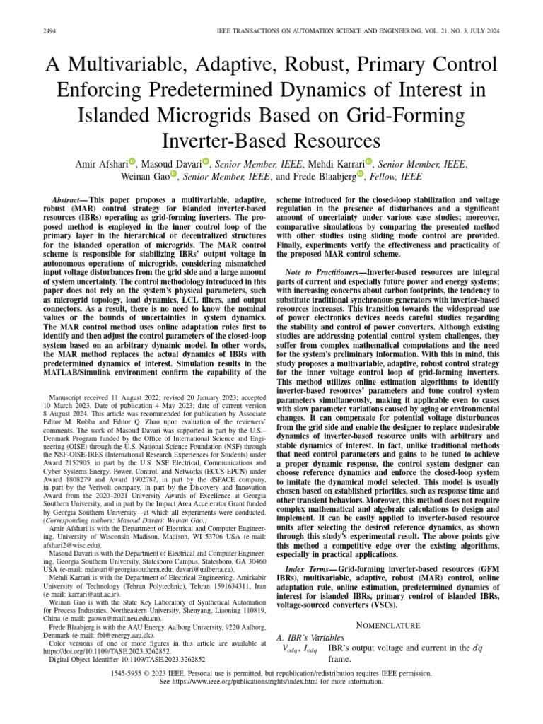 4.a Multivariable Adaptive Robust Primary Control Enforcing Predetermined Dynamics of Interest ...
