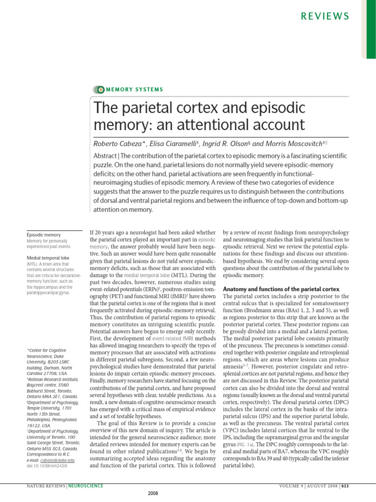 The Parietal Cortex and Episodic. | PDF | Parietal Lobe | Memory