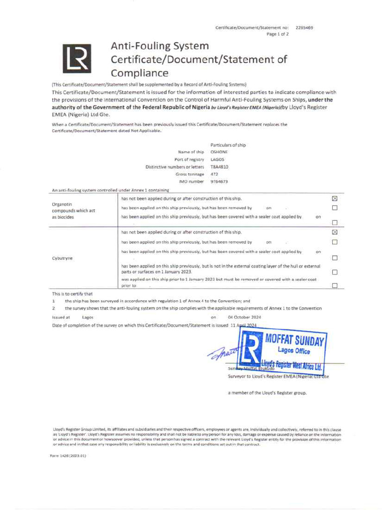 1.anti-Fouling System Certificate | PDF