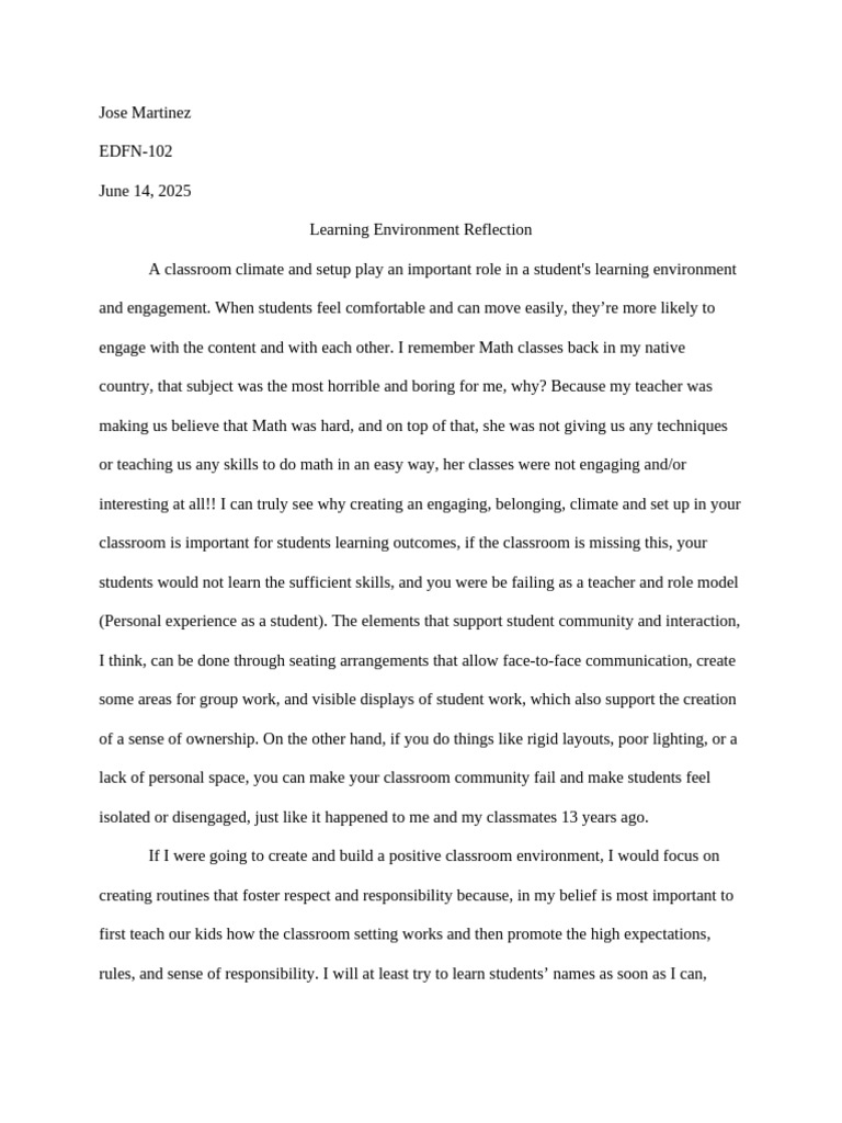 Jose Martinez-Learning Environment Reflection | PDF