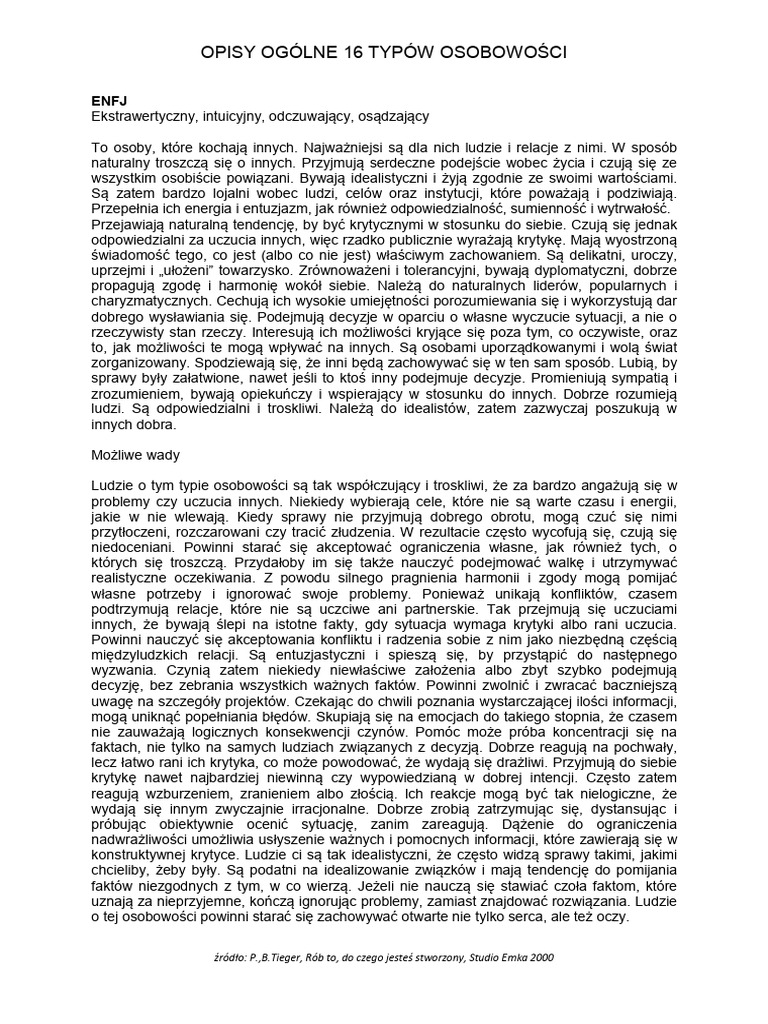 Opisy Ogolne 16 Typow Osobowosci | PDF