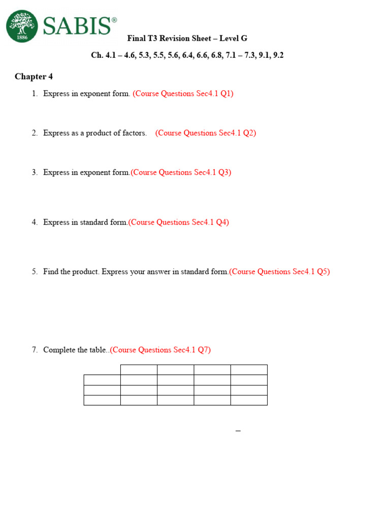 2425 Level G Math Revision Sheet - Final Term 3 - Updated 2 | PDF ...