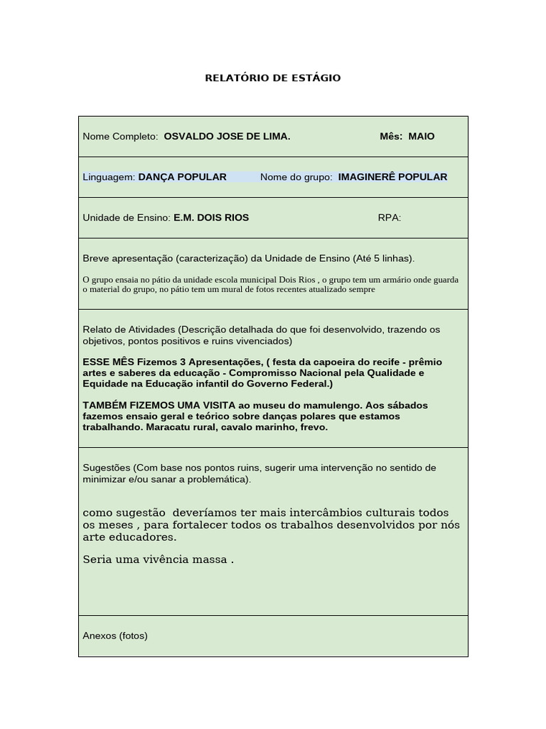 Modelo Relatório de Estágio Pac Maio) | PDF