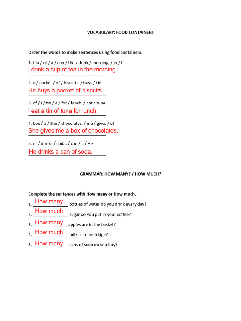Food Containers Vocabulary Worksheet | PDF
