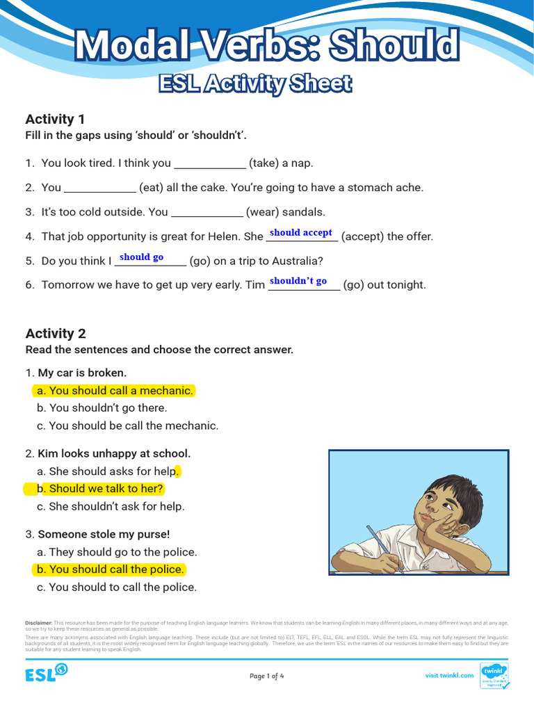 Should/Shouldn't ESL Worksheet | PDF | English As A Second Or Foreign ...