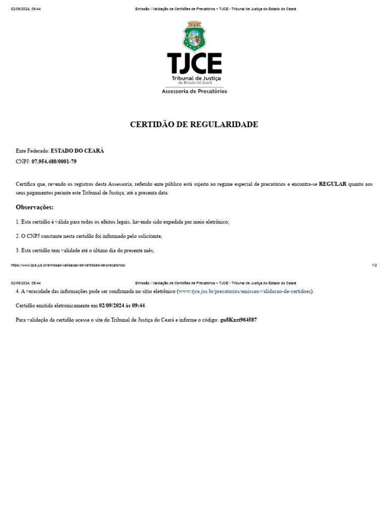 Certidão de Regularidade - TJCE | PDF