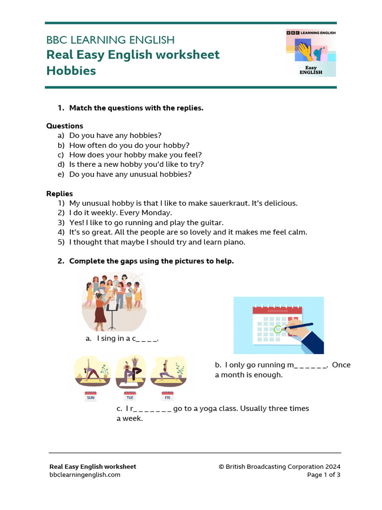 Hobbies Worksheet for Grade 3 | PDF