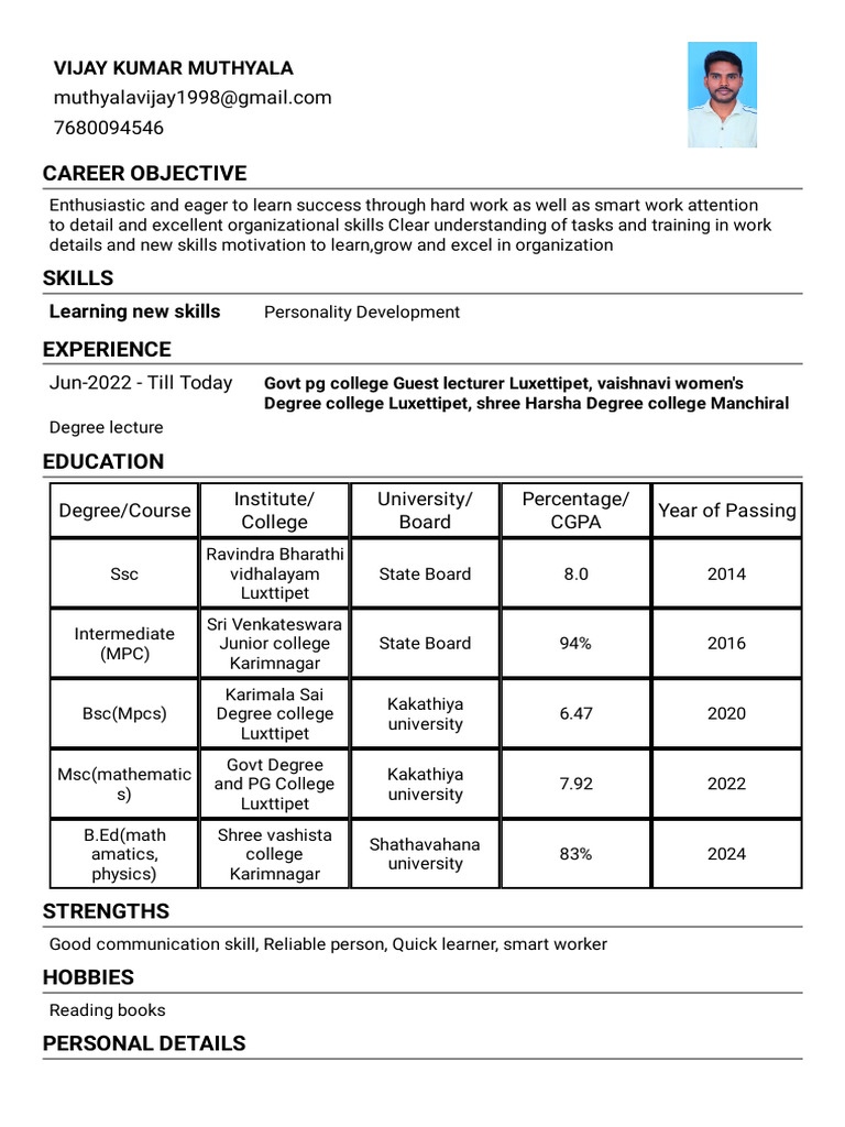 Resume - Vijay Kumar - Format1-1 | PDF | Learning | Cognition