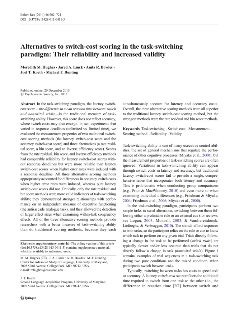 Alternatives To Switch-Cost Scoring in The Task-Switching | PDF | Errors And Residuals ...