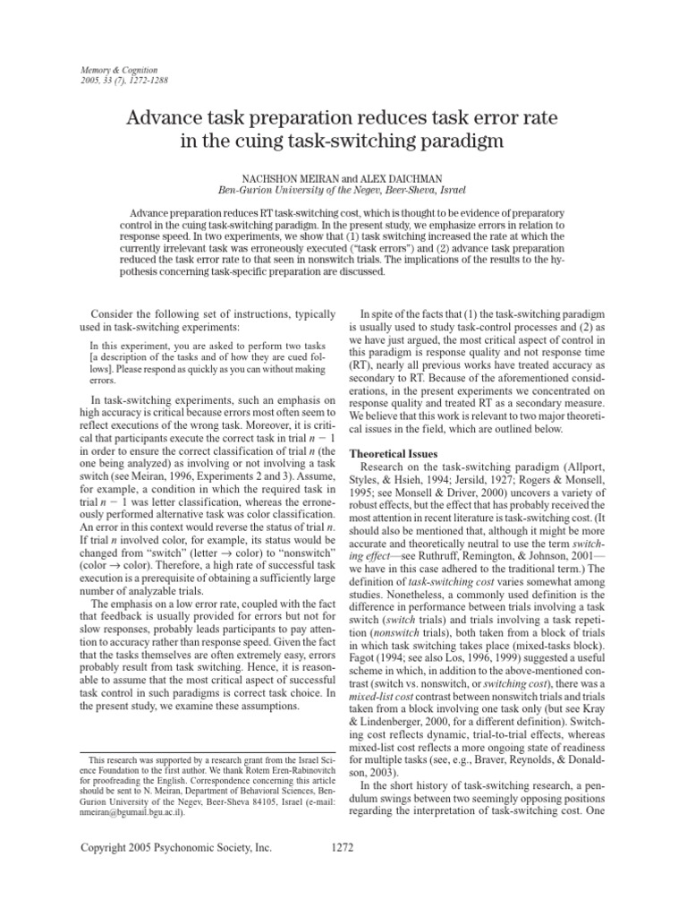 Advance Task Preparation Reduces Task Error Rate | PDF | Cognitive ...