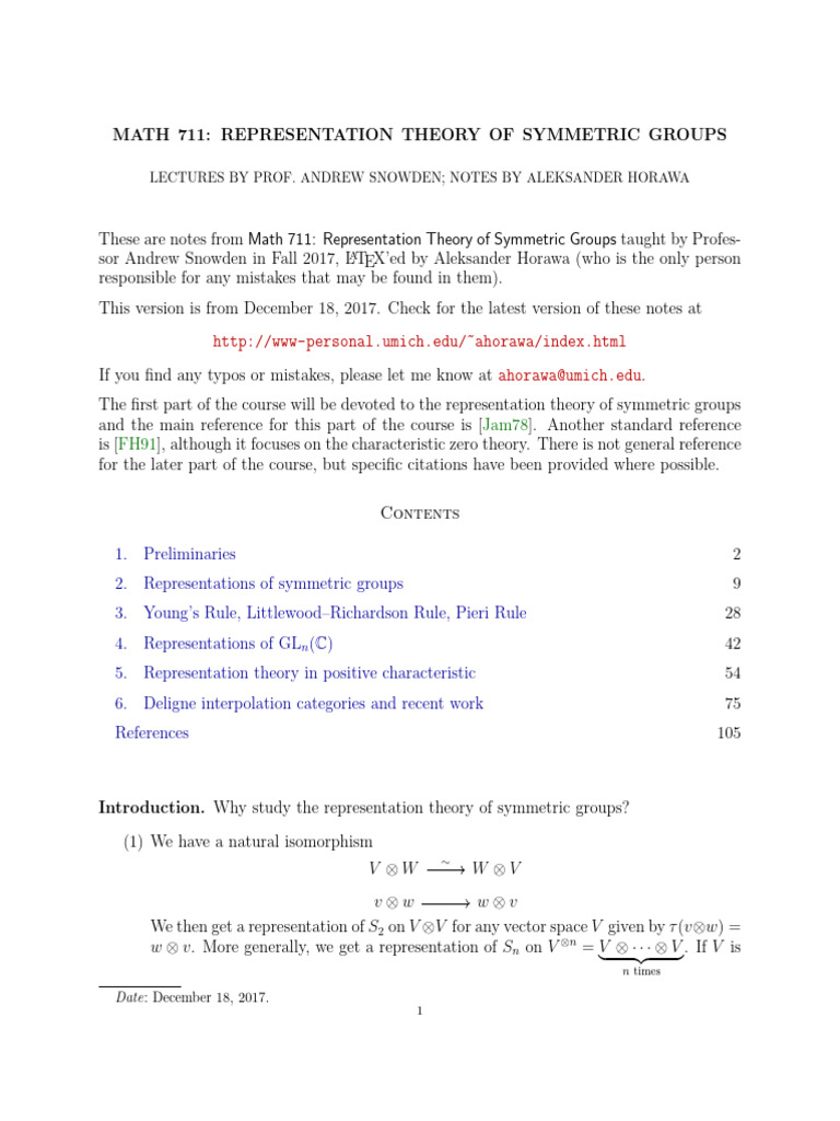 Math 711 | PDF | Group Representation | Representation Theory