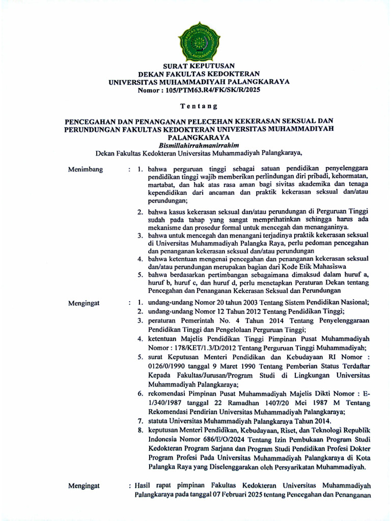 SK Pencegahan Dan Penanganan Pelecehan Kekerasan Seksual Dan Perundungan FK Umpr | PDF