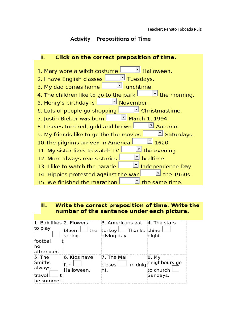 Prepositions of Time - Practice in Class | PDF