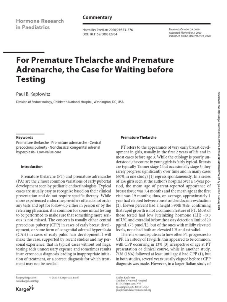 Premature Thelarche, Waiting Before Testing | PDF | Luteinizing Hormone ...