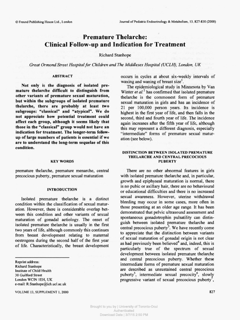 Premature Thelarche, R. Stanhope. JPEM 2000 | PDF | Puberty | Animal ...