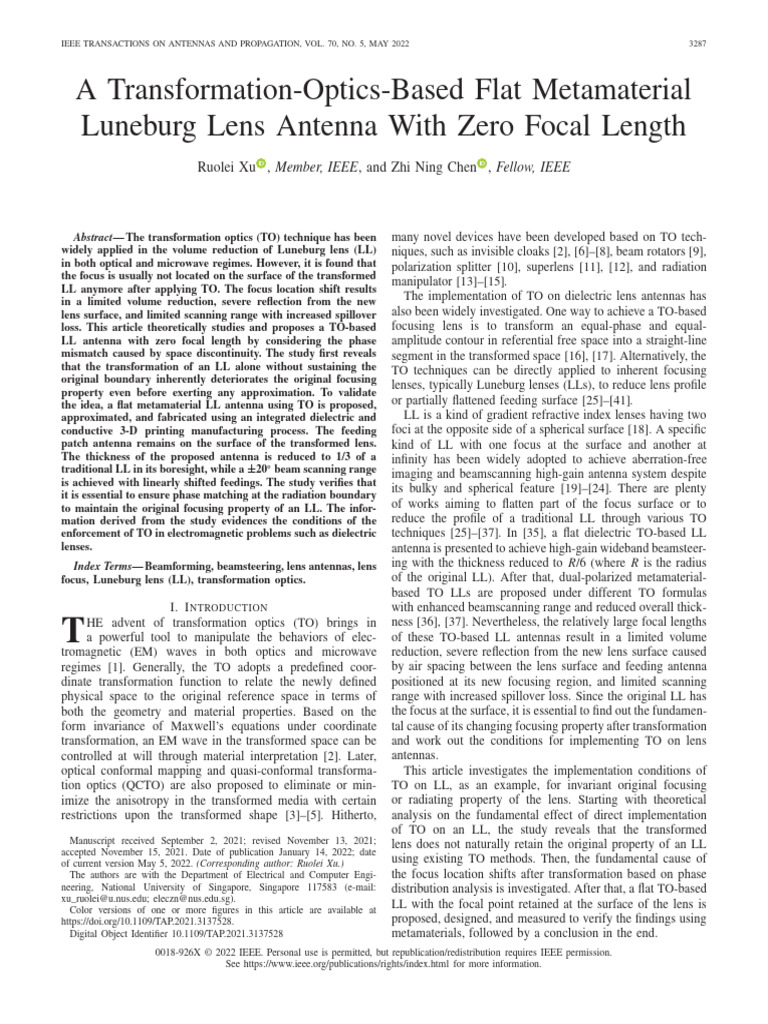 A Transformation-Optics-Based Flat Metamaterial Luneburg Lens Antenna With Zero Focal Length ...