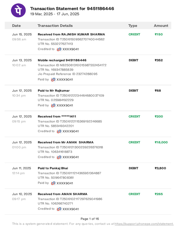 PhonePe Statement Mar2025 Jun2025 | PDF | Debit Card | Debits And Credits