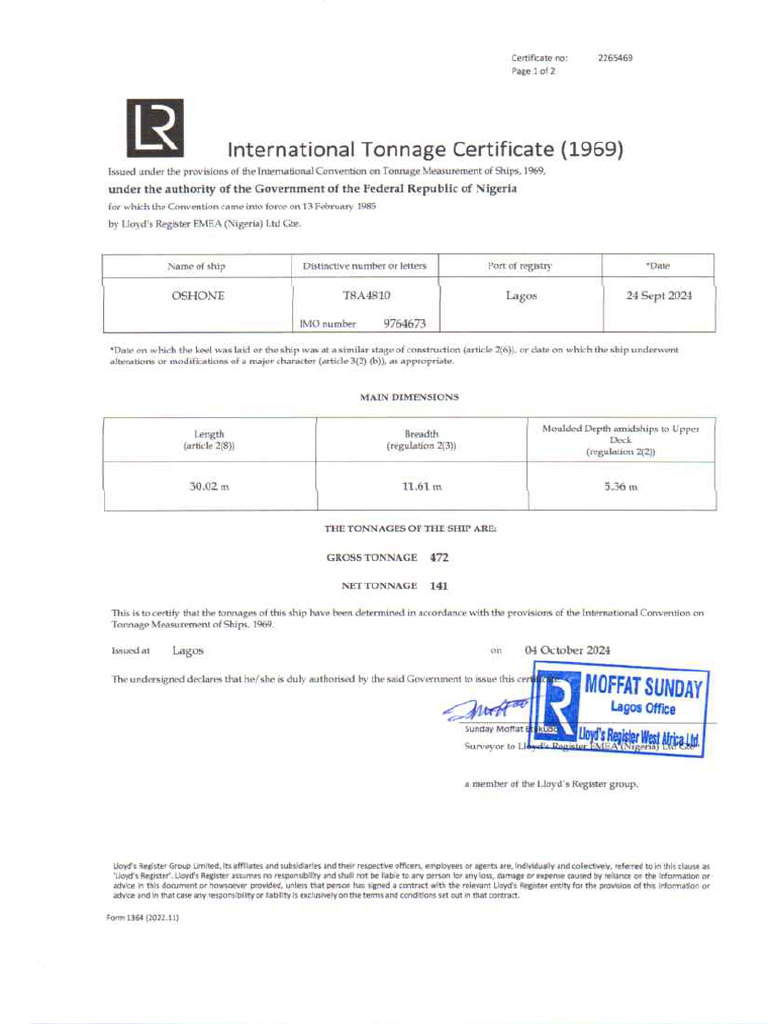 9.international Tonnage Certificate (1969) | PDF