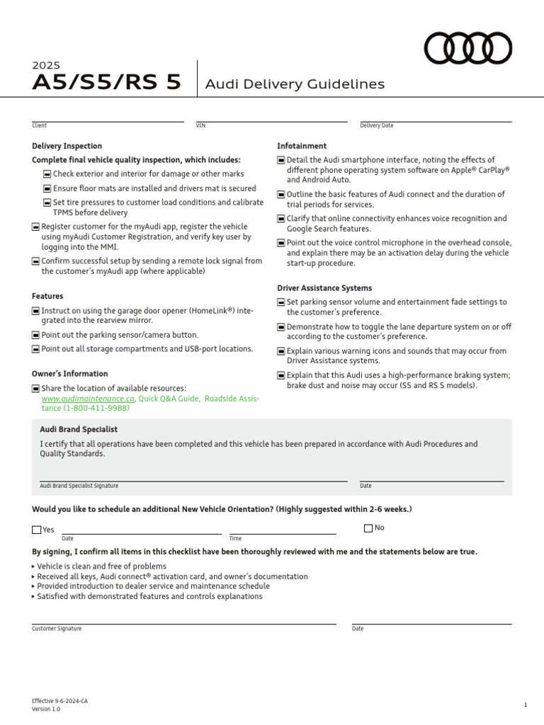 My 2025 A5-S5-Rs 5 CA Delivery Checklist - 9!6!2024 | PDF | Audi ...