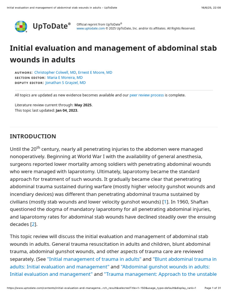 Initial Evaluation and Management of Abdominal Stab Wounds in Adults ...