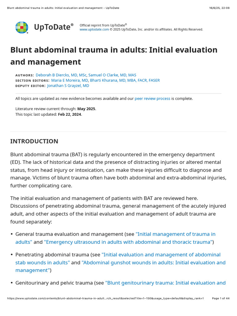 Blunt Abdominal Trauma in Adults: Initial Evaluation and Management ...