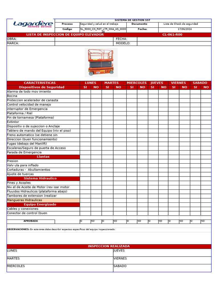 Check List de Elevador Electrico | PDF | Vehículos | Tecnología de vehículos