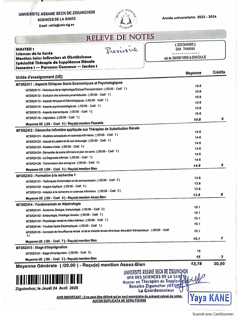 Relevé de Notes Provisoire Thiana Dia m1 | PDF