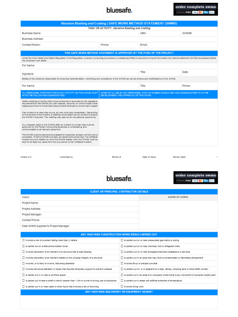 Abrasive Blasting SWMS Template Guide | PDF | Personal Protective ...