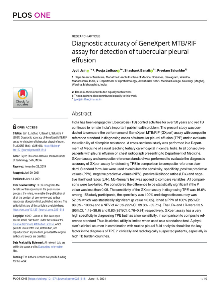 Diagnostic Accuracy of GeneXpert MTB | PDF | Medical Specialties ...