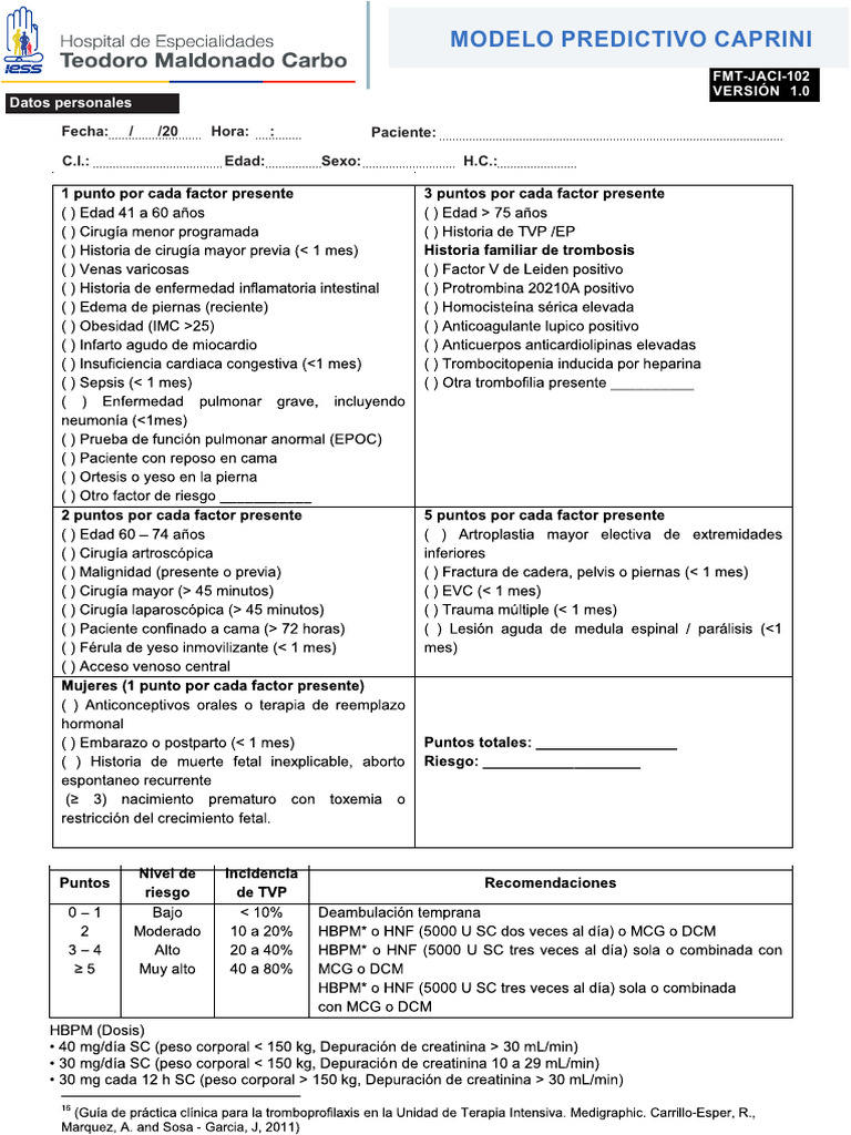Formulario Profilaxis de Tromboembolismo - Escala de Caprini | PDF