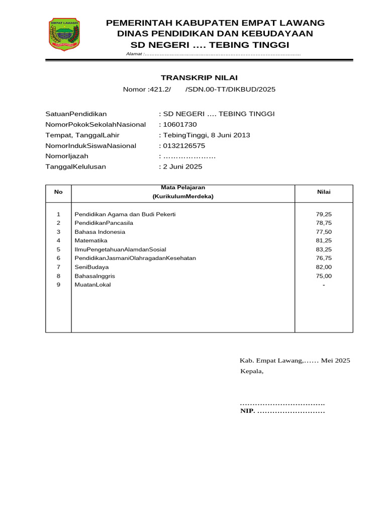 Contoh Transkrip Nilai 2025 | PDF