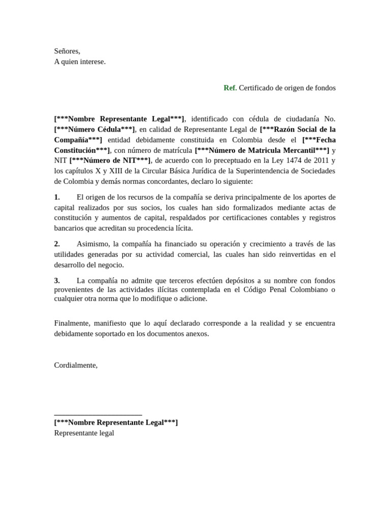 Modelo - Certificado Origen de Fondos | PDF