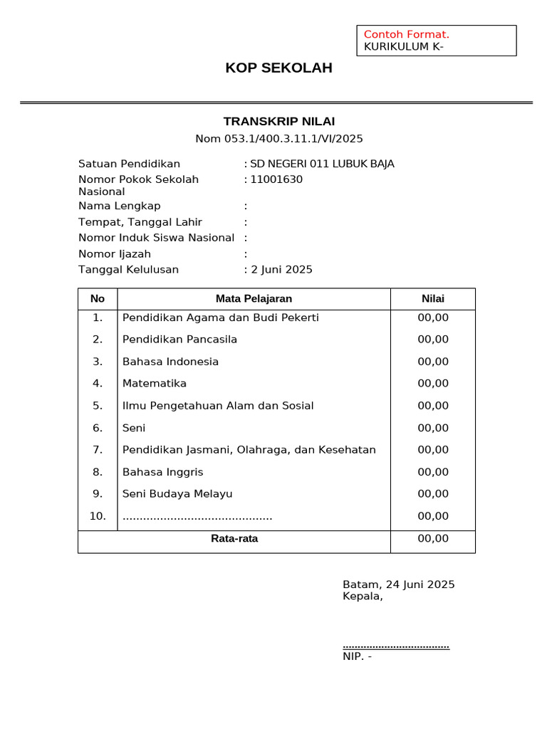 Contoh - Transkrip Nilai | PDF