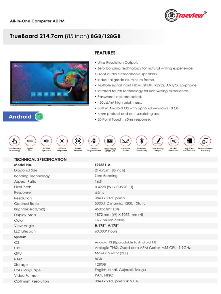TrueBoard 85 Inch (8GB128GB) Model No. T29881-A | PDF | Display ...