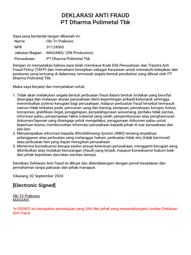 Deklarasi Anti Fraud PT Dharma Polimetal | PDF