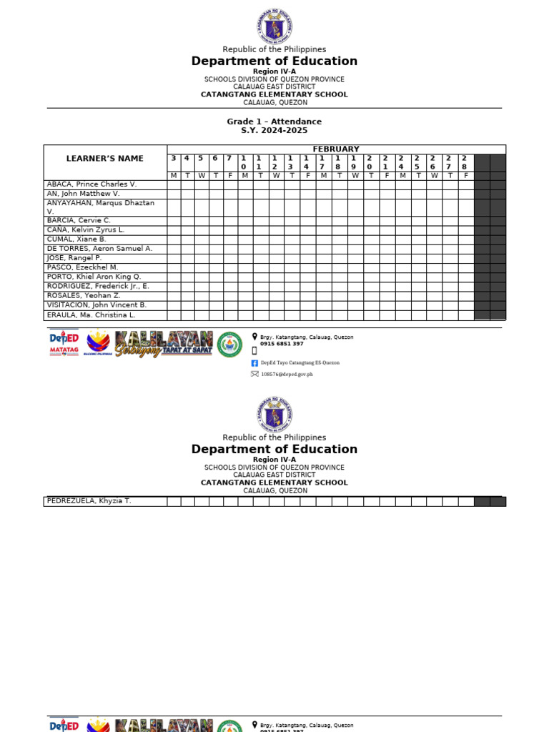 Grade 1 Attendance Sheet Template | PDF