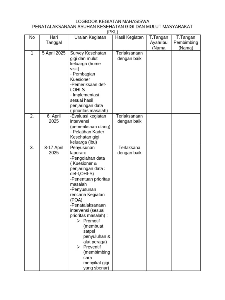 Logbook Kegiatan PKL Kesehatan Gigi | PDF