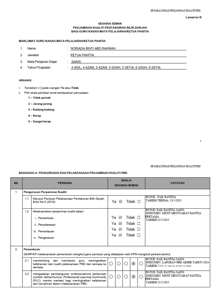 NORIADA Senarai Semak Penjaminan Kualiti PBD Lampiran B | PDF