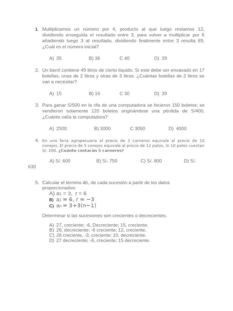 Preguntas de Matematica de Primero | PDF